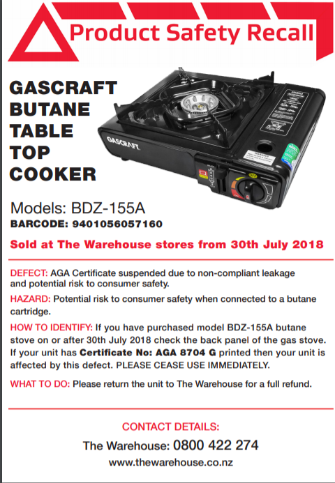 Product recall - Gascraft Butane Table Top Cooker