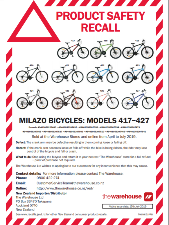Product recall - Milazo Bicycles: MODELS 417–427